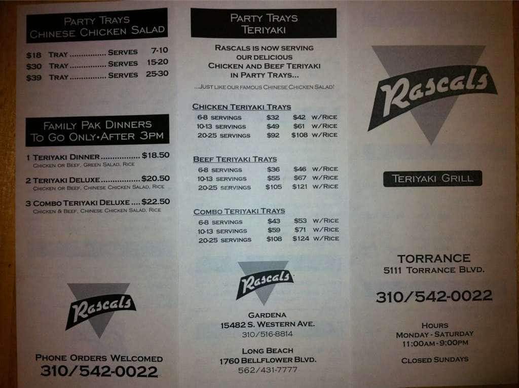Menu at Rascals Teriyaki Grill restaurant, Torrance