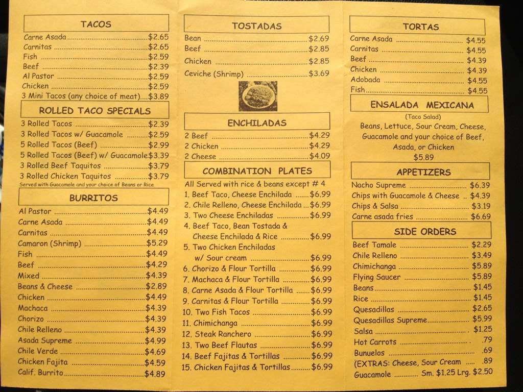 Menu at Macho's Taco Shop restaurant, La Mesa