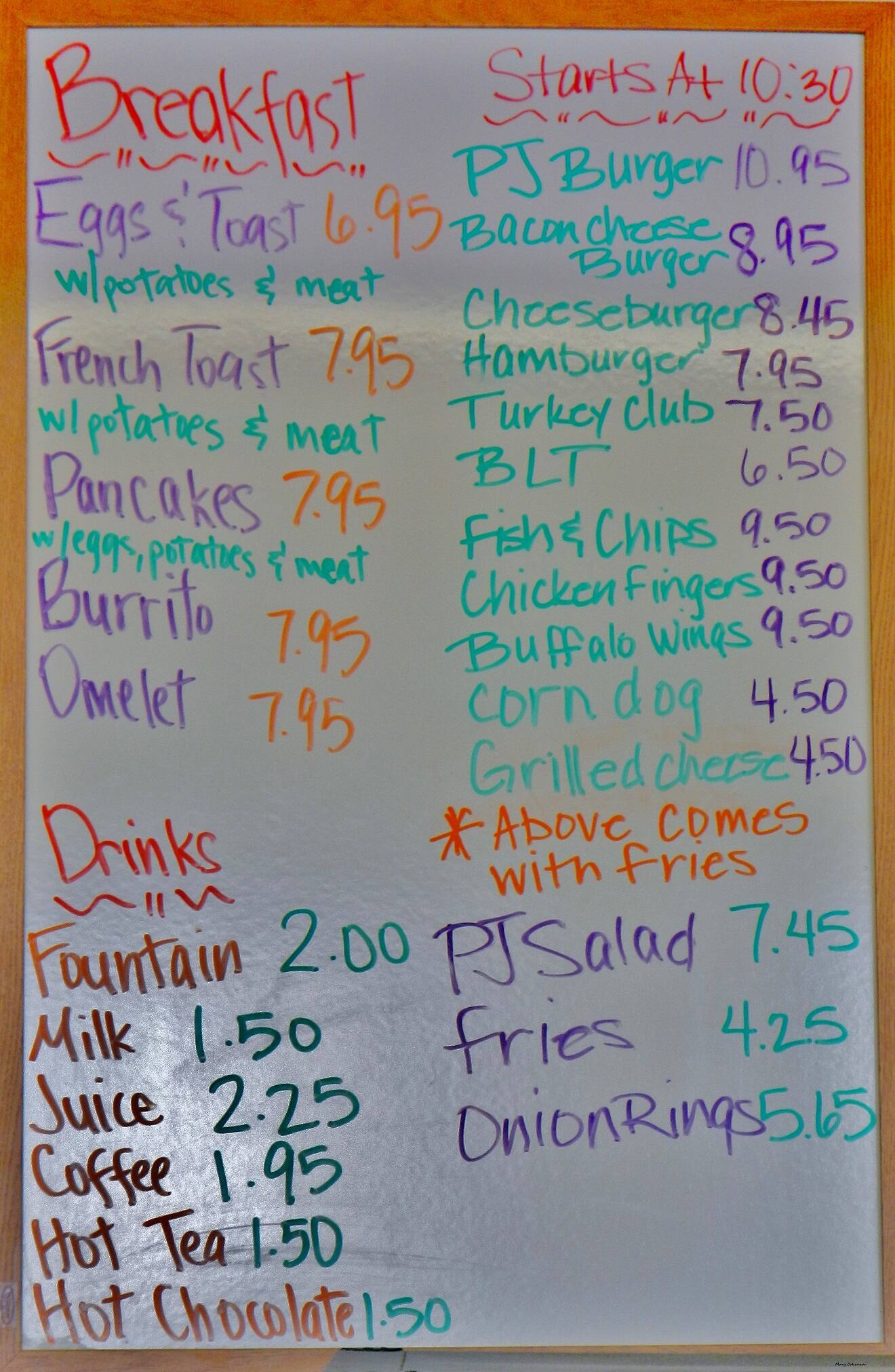 Menu at PJ’s restaurant, Monticello