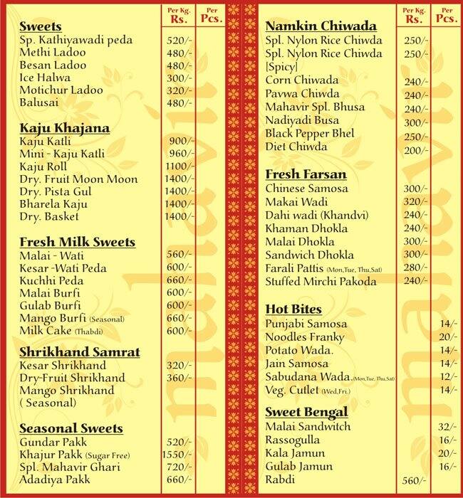 Mahavir Sweets And Farsan Menu - Zomato