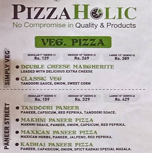 Menu of Pizza Holic, Phase 5, Mohali