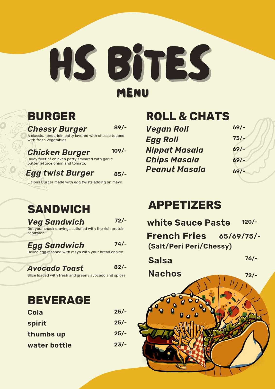 Menu of HS Bites, Ulsoor, Bangalore