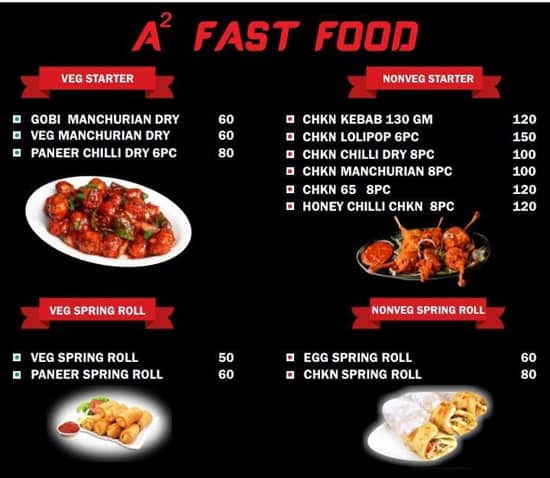 Menu of A2 Fast Food Restaurants, Bommanahalli, Bangalore