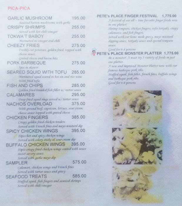 Menu at Pete's Place restaurant, Pasay, GXPH+QPR