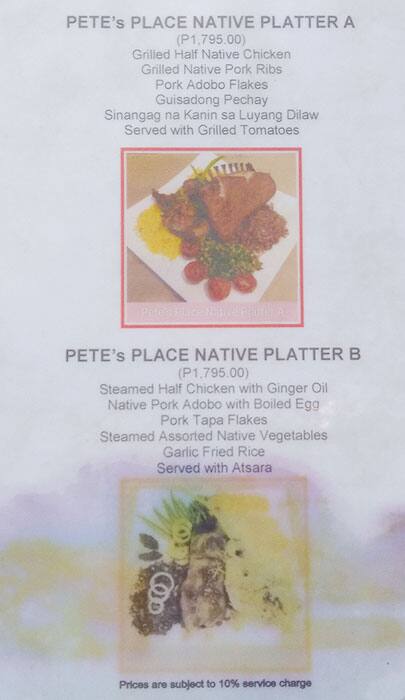 Menu at Pete's Place restaurant, Pasay, GXPH+QPR