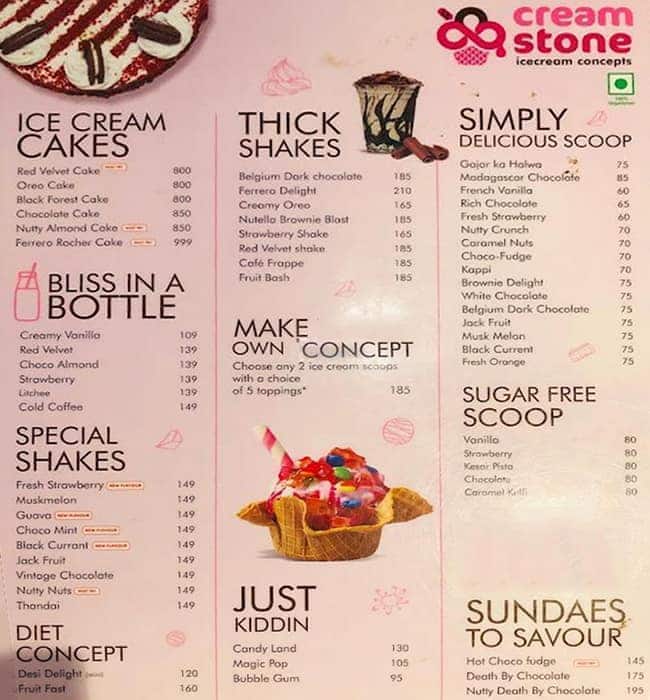 Menu of Cream Stone Ice Cream, A S Rao Nagar, Secunderabad