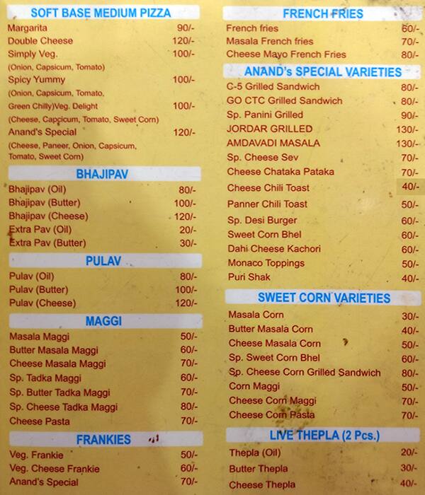 Menu at Anand Snacks, Ahmedabad, 11 Pritam Nagar Cross Road