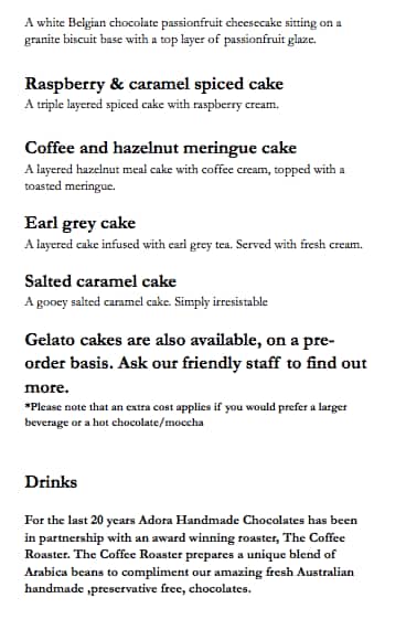 Menu at Adora Handmade Chocolates desserts, Bellevue Hill