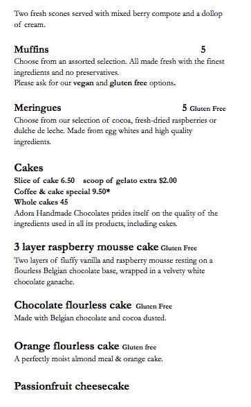 Menu at Adora Handmade Chocolates desserts, Bellevue Hill
