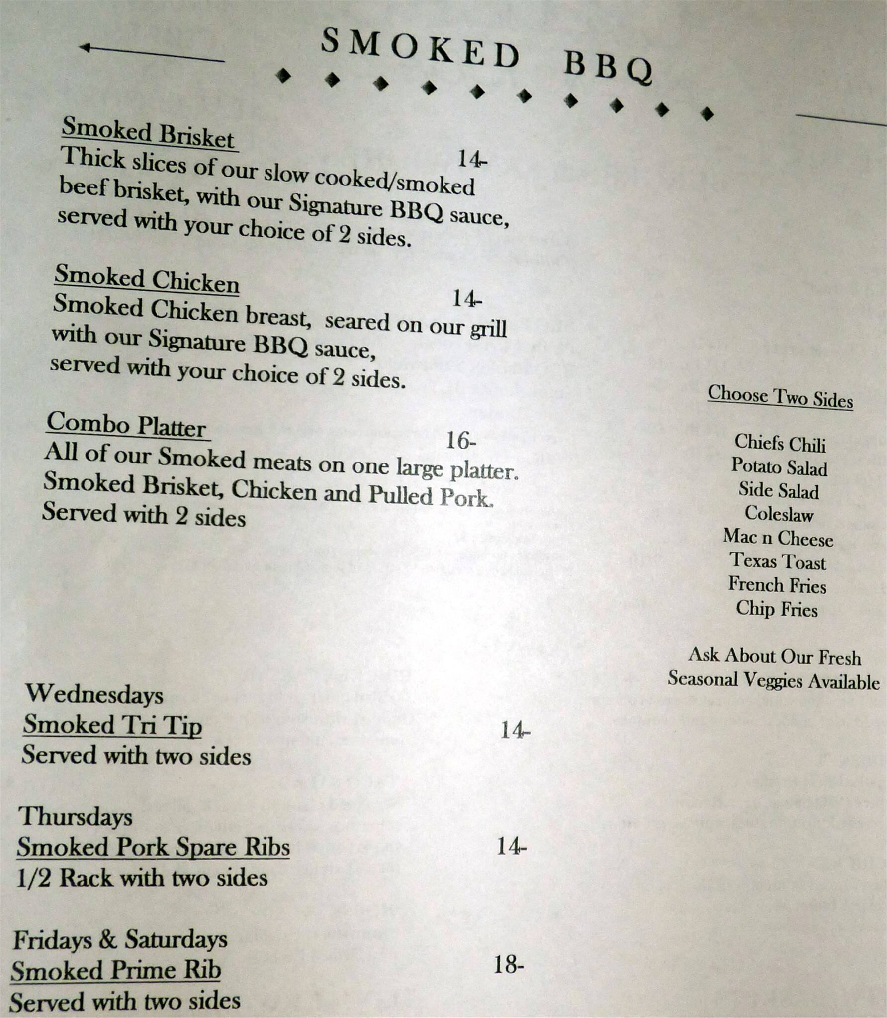 Menu at Chiefs Brew House BBQ, Coburg