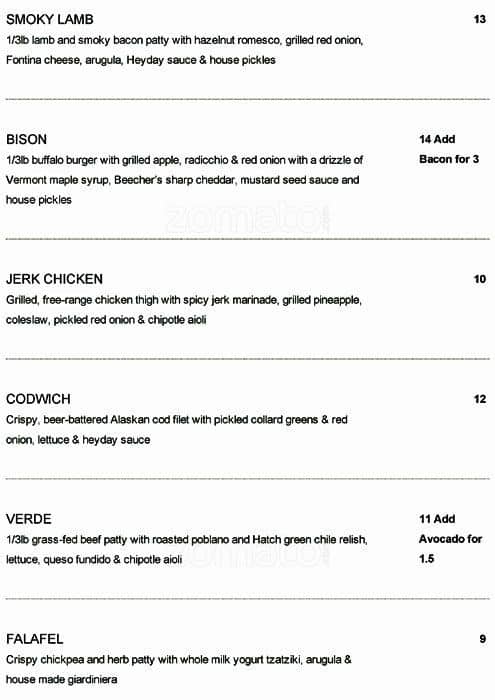 Menu at Heyday Bar & Restaurant, Seattle