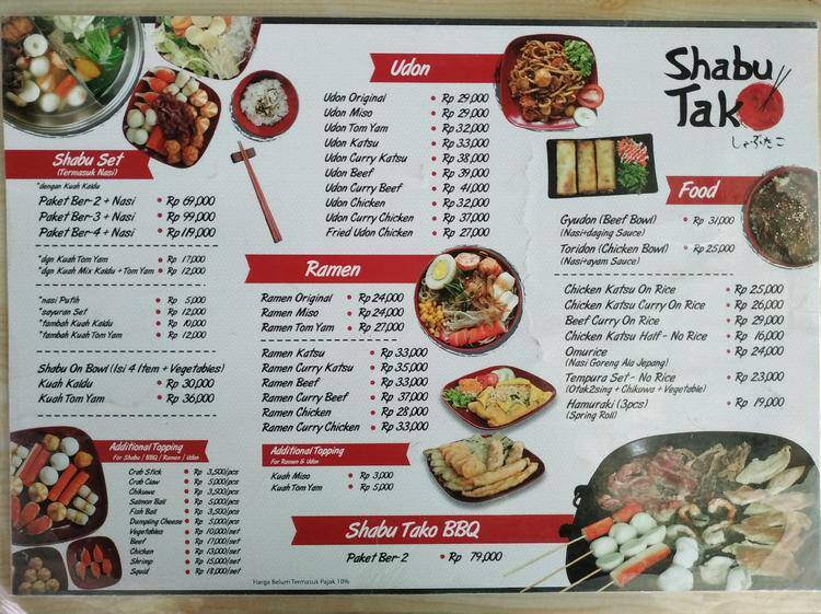 Menu at Shabu Tako restaurant, Jakarta, Jl. Rawamangun Muka Timur No. 12