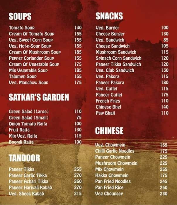 Menu of Satkar's Regale, Sigra, Varanasi