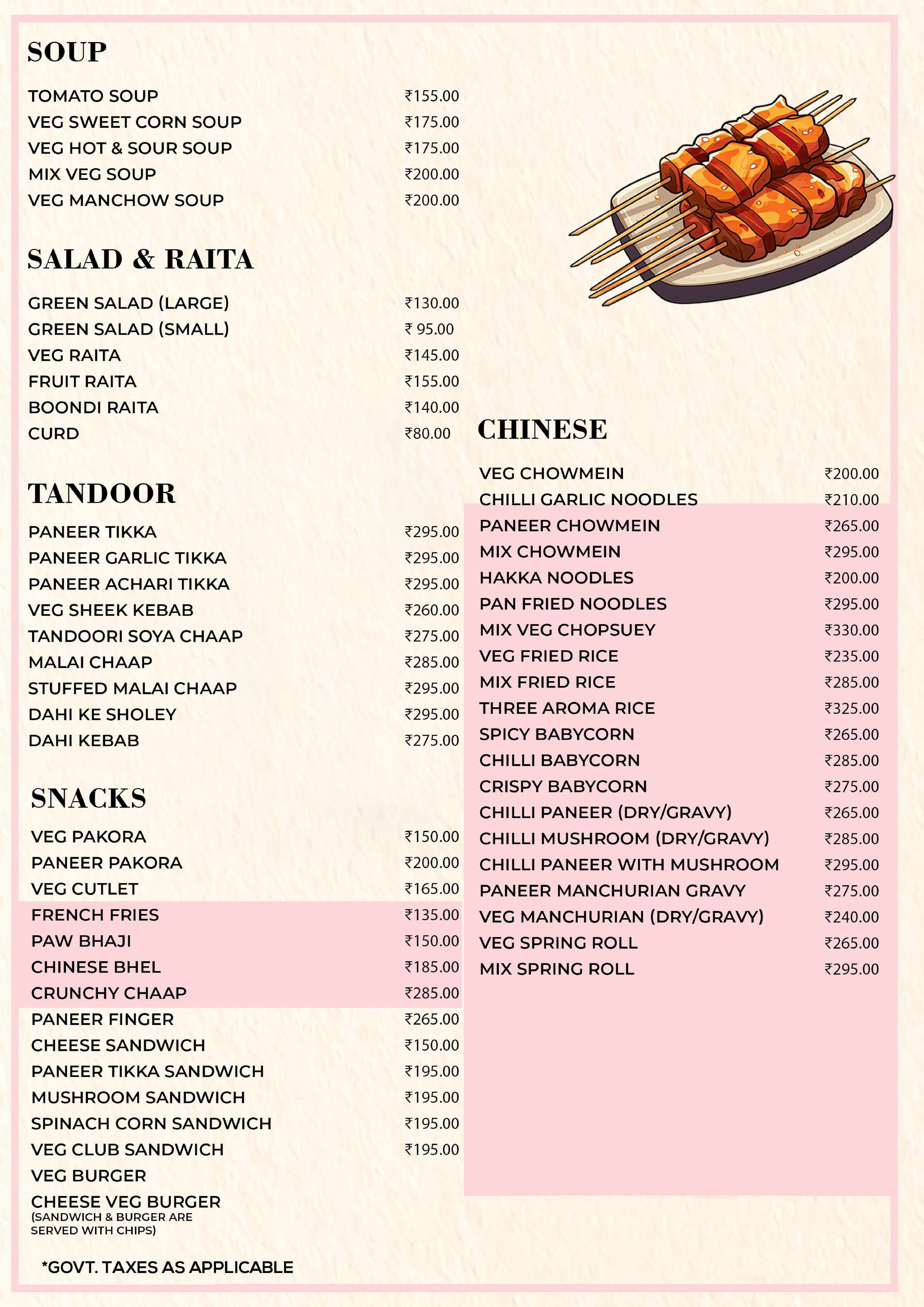 Menu of Satkar's Regale, Sigra, Varanasi
