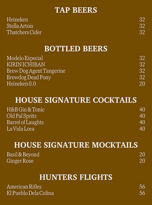 Menu at Hunter & Barrel Emirates Hills, Dubai