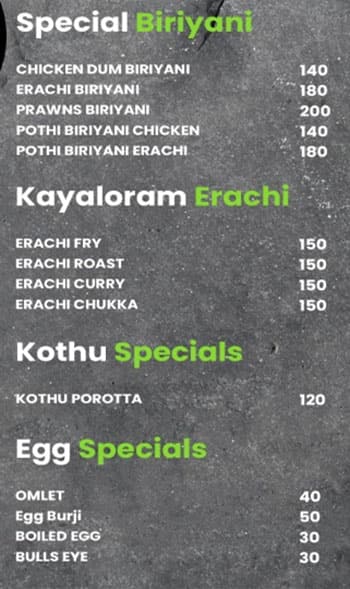 Menu at Kayaloram restaurant, Bengaluru