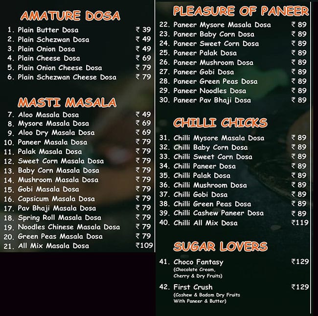 Menu of 99 Dosa Cafe, Chamrajpura, Mysore