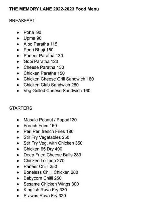 Menu at The Memory Lane, Siolim