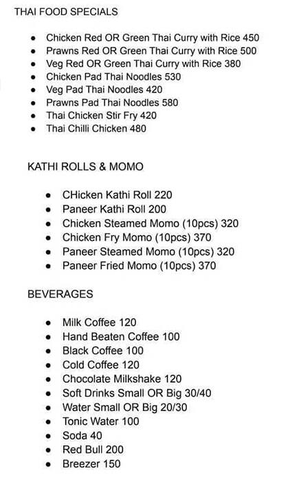 Menu at The Memory Lane, Siolim