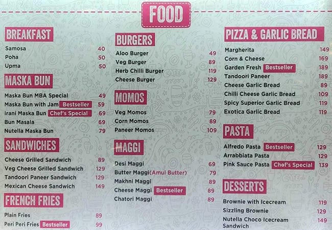 Menu of MBA Chai Wala, Vesu, Surat