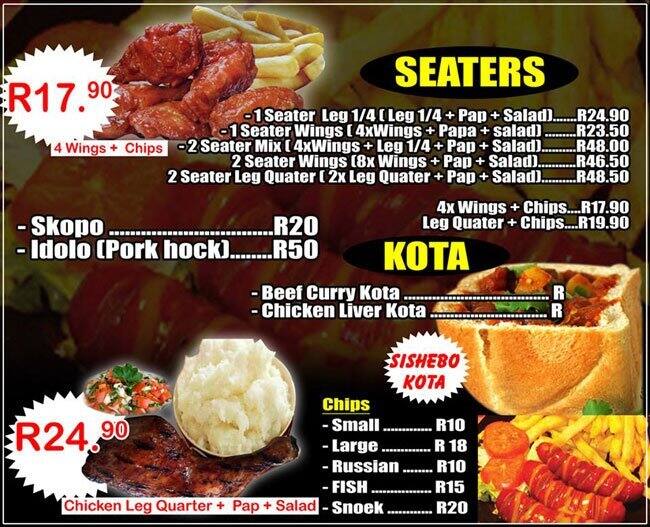 Menu at Musa's place restaurant, Johannesburg South, Mphepheto St