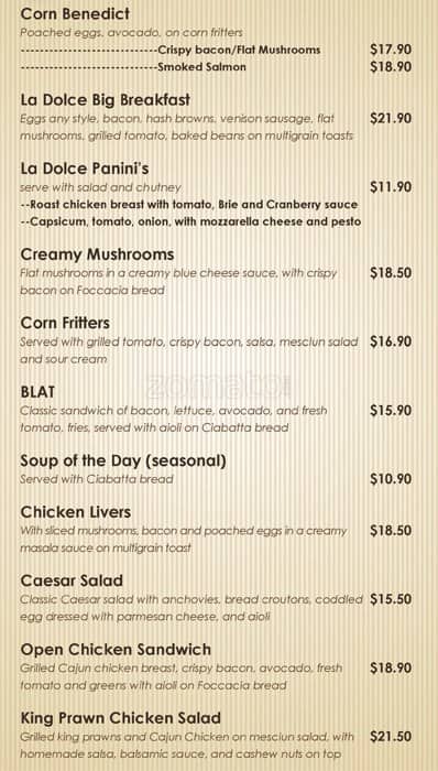 Menu at La Dolce pub & bar, Auckland