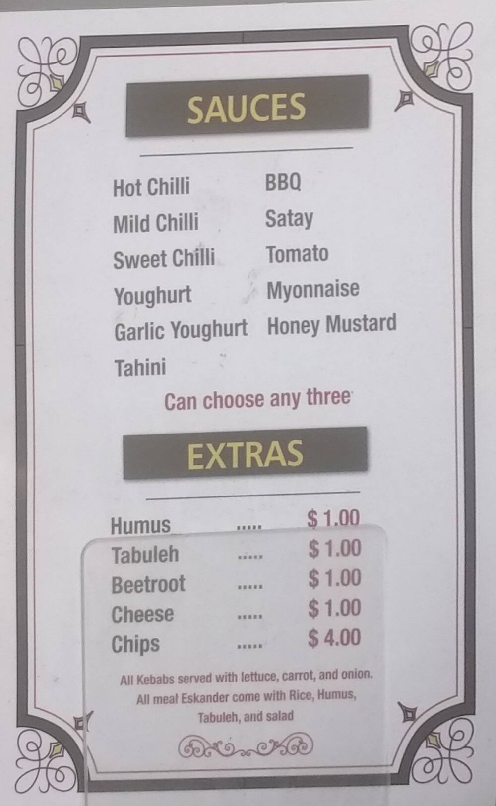 Menu at Sunset Kebab Shop, Wellington