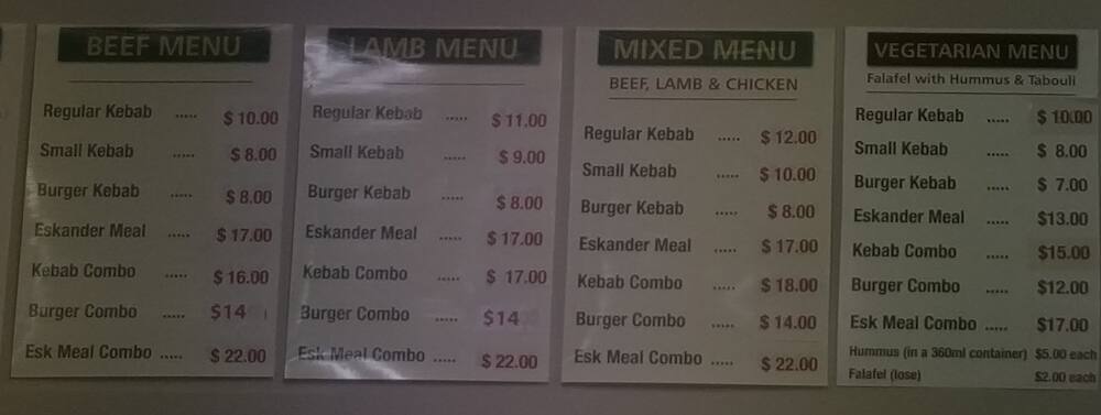 Menu at Sunset Kebab Shop, Wellington