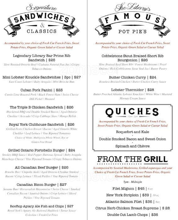 Menu at Fairmont Royal York pub & bar, Toronto