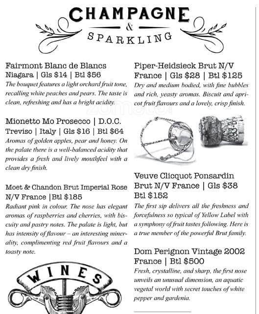 Menu at Fairmont Royal York pub & bar, Toronto