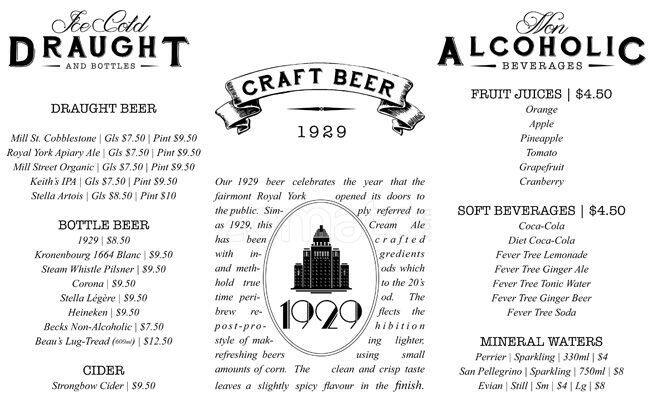 Menu at Fairmont Royal York pub & bar, Toronto