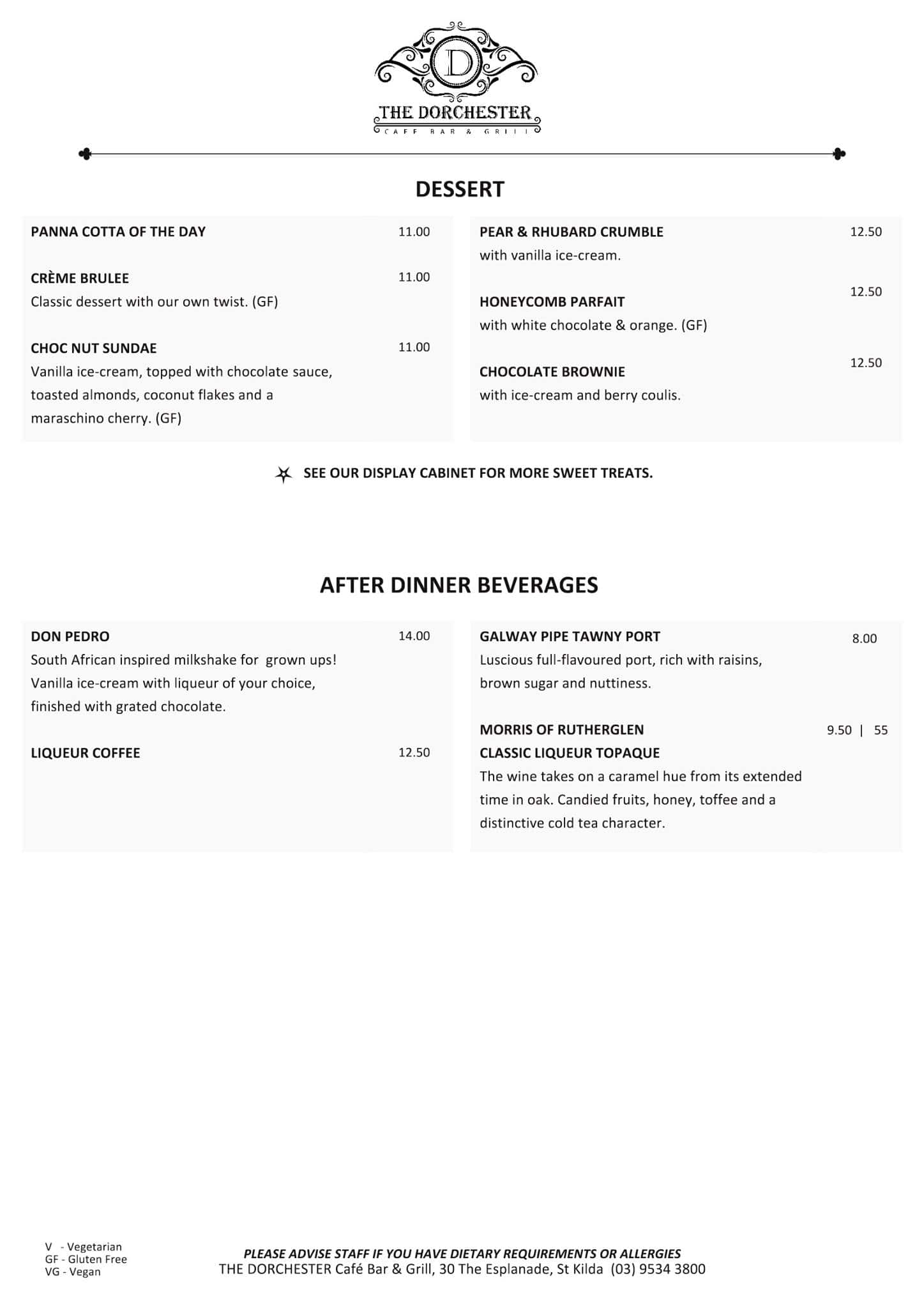 Menu at The Dorchester restaurant, Saint Kilda