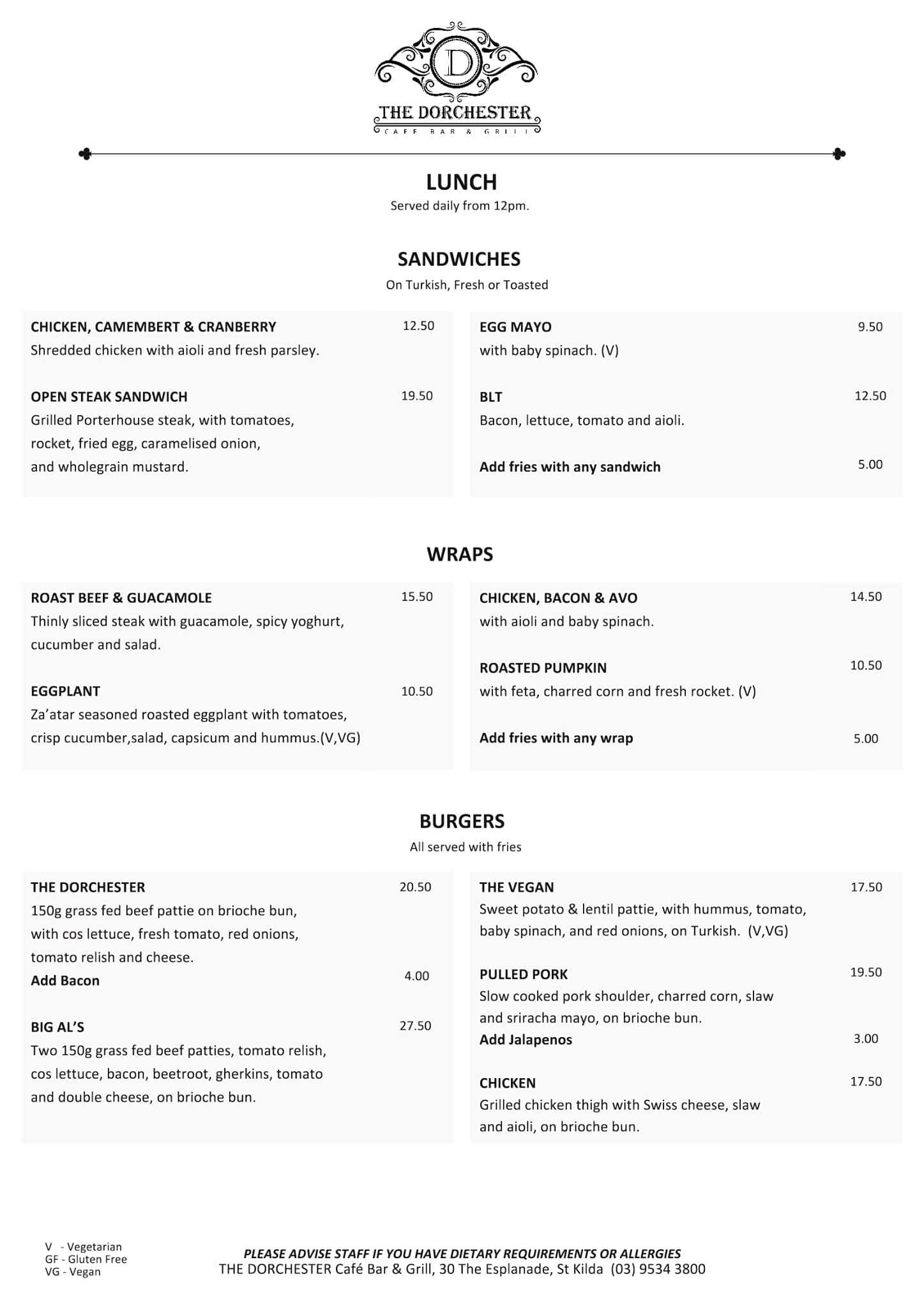 Menu at The Dorchester restaurant, Melbourne