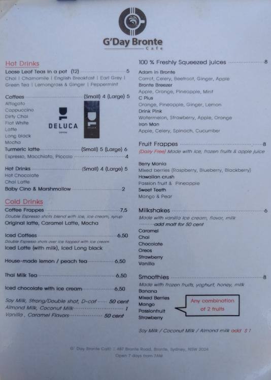Menu at G'Day Bronte restaurant, Bronte