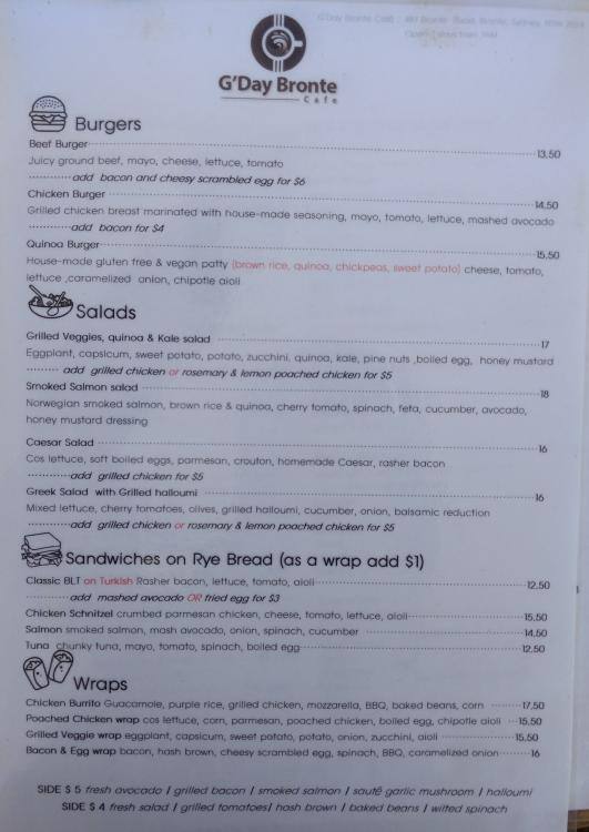 Menu at G'Day Bronte restaurant, Bronte