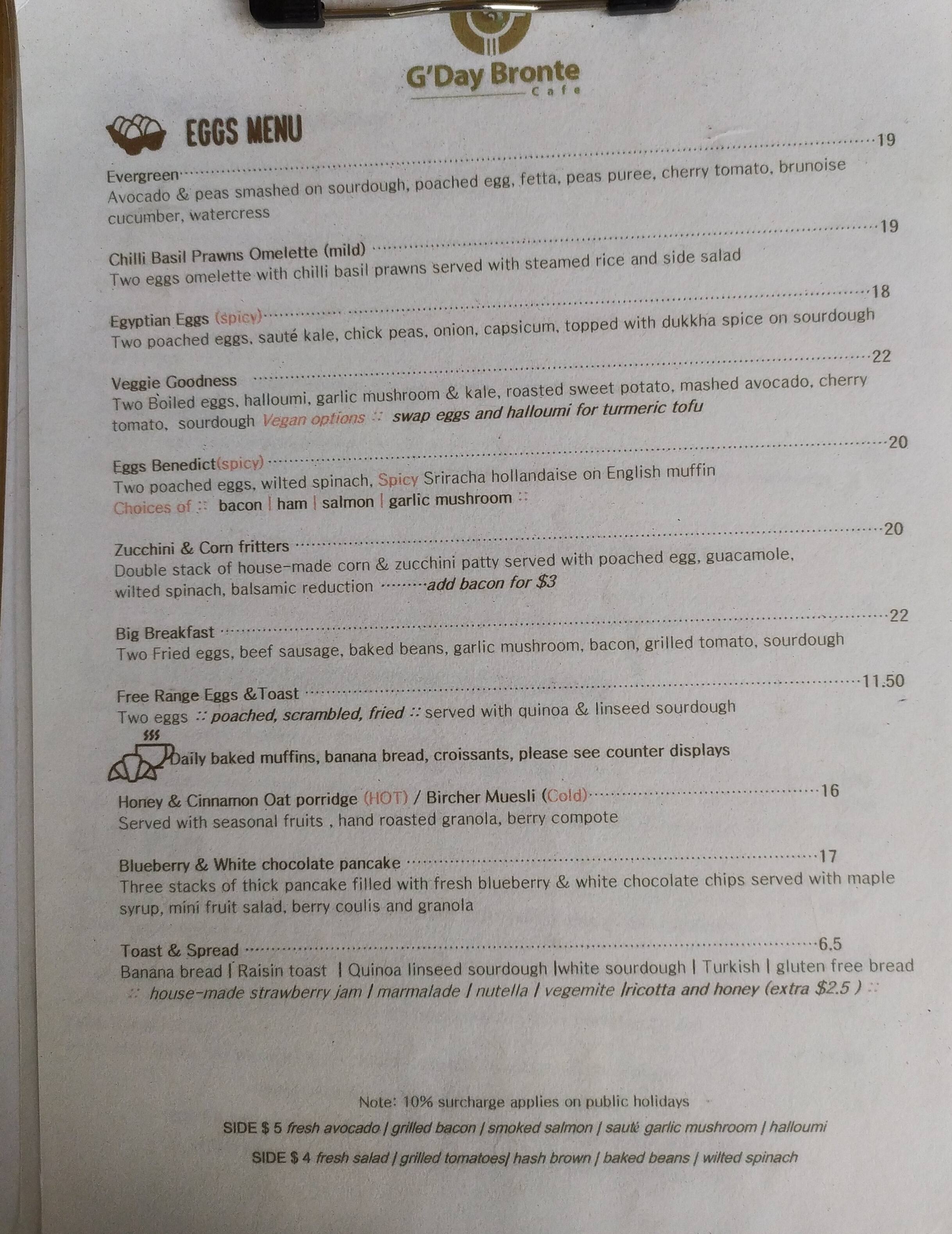 Menu at G'Day Bronte restaurant, Bronte