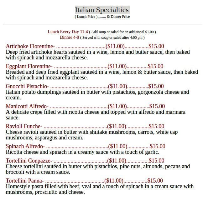 Menu at Victoria's restaurant, Appleton, 503 W College Ave