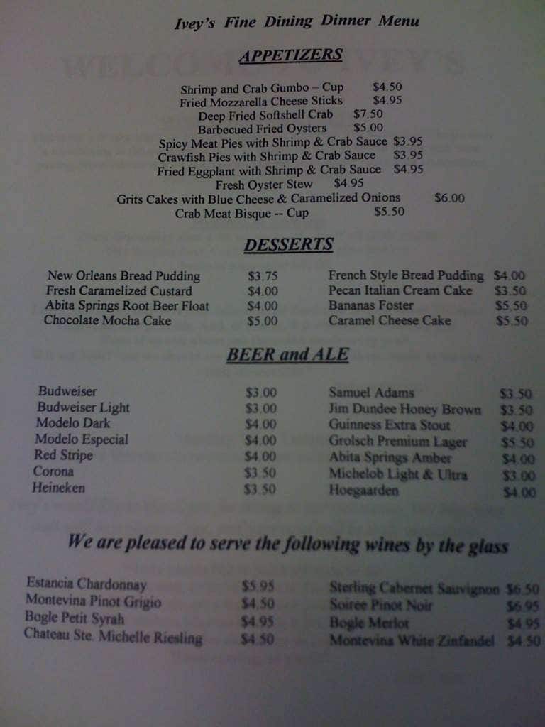 Menu at Ivey's steakhouse, Robertsdale
