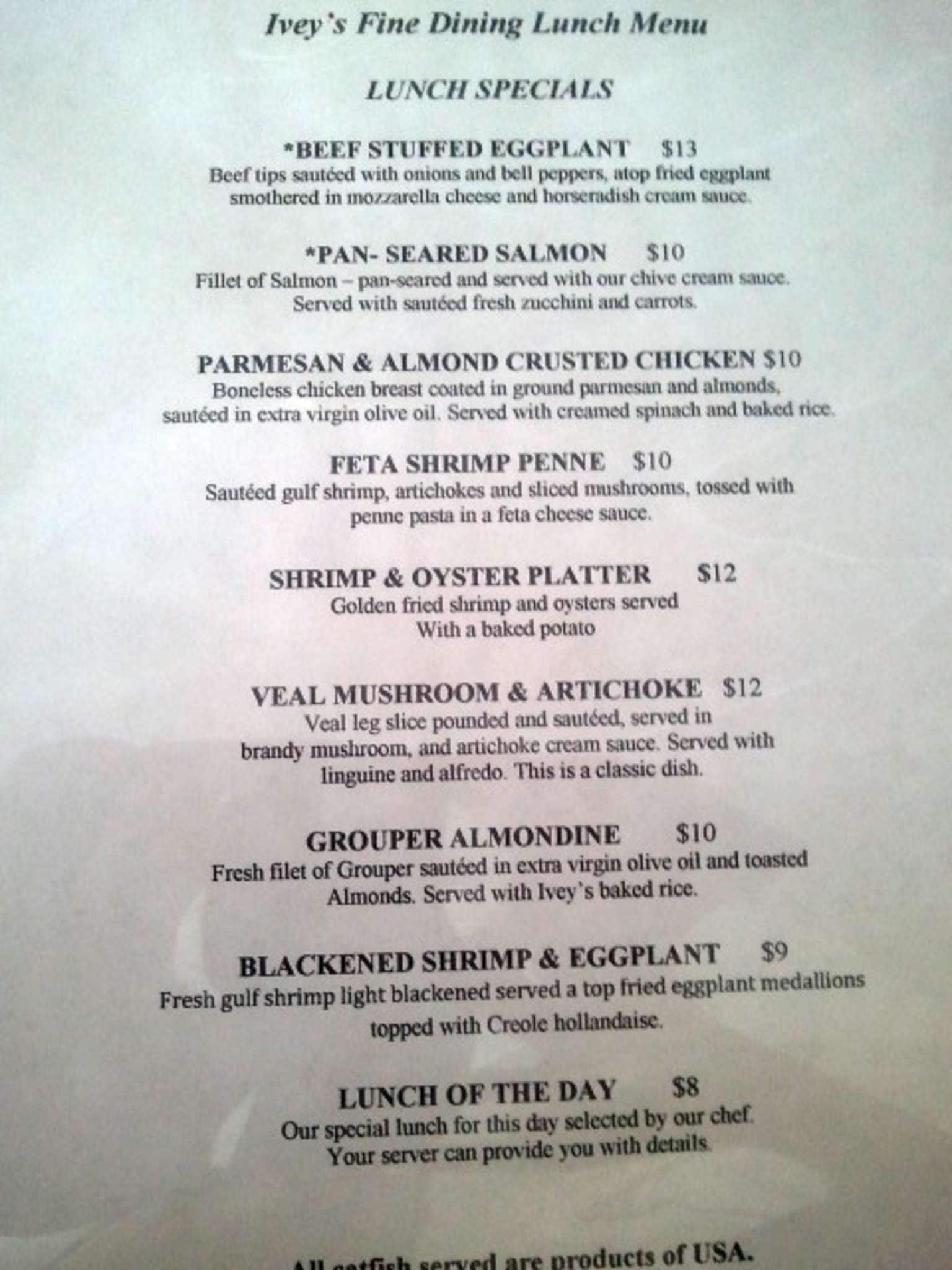 Menu at Ivey's steakhouse, Robertsdale