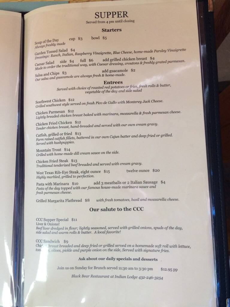 Menu at Black Bear Restaurant, Fort Davis