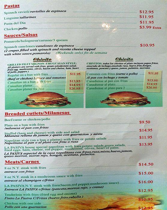 Menu at La Pasiva restaurant, Toronto