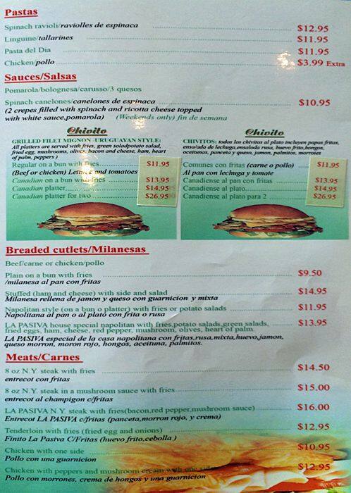 Menu at La Pasiva restaurant, Toronto