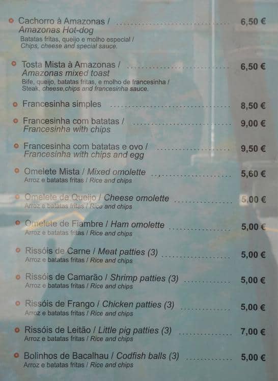 Menu em Amazonas restaurante, Porto
