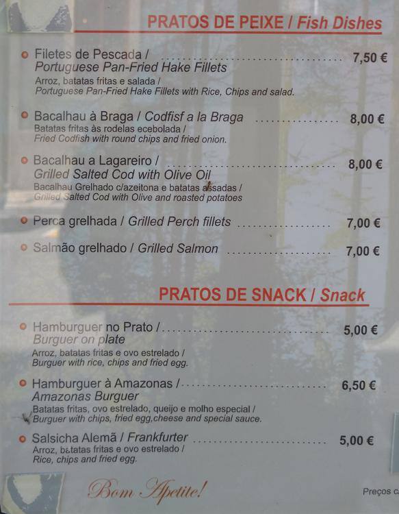 Menu em Amazonas restaurante, Porto