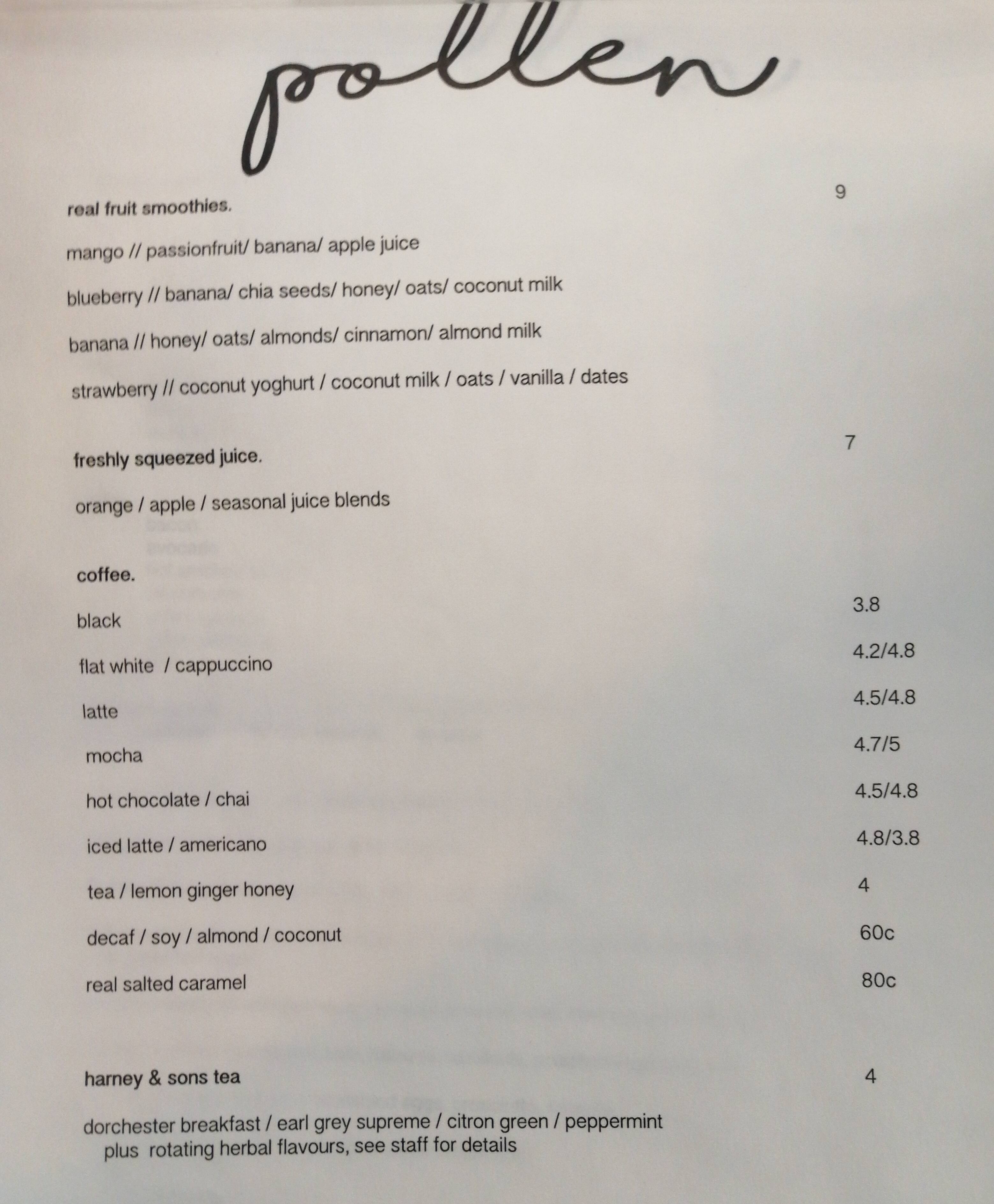 Carta del pub y bar Pollen, Auckland