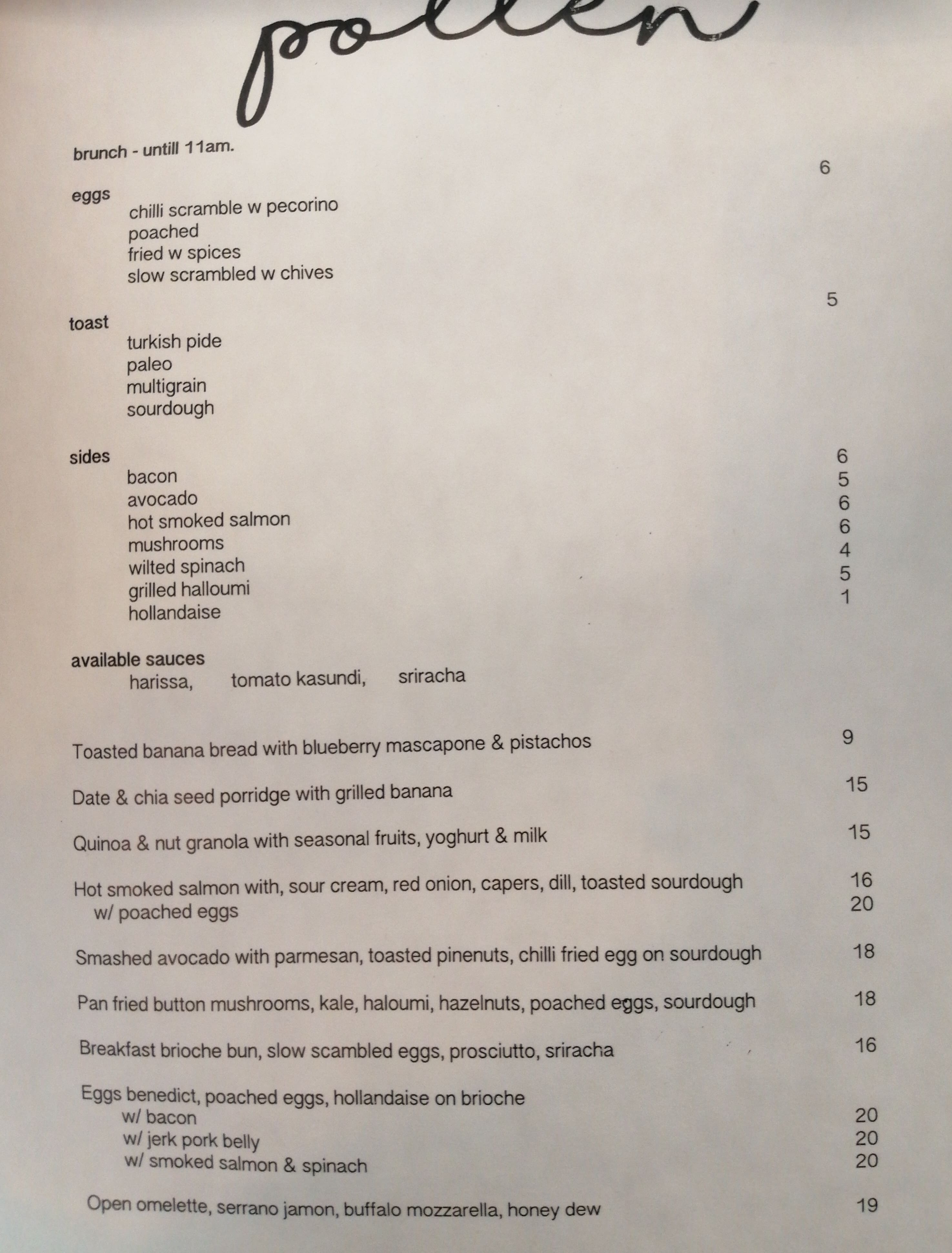 Carta del pub y bar Pollen, Auckland