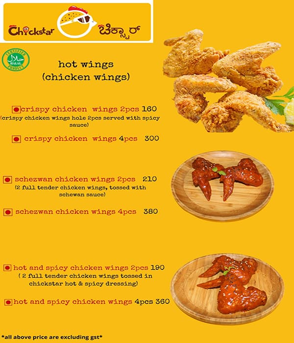 Menu at Chickstar, Bengaluru