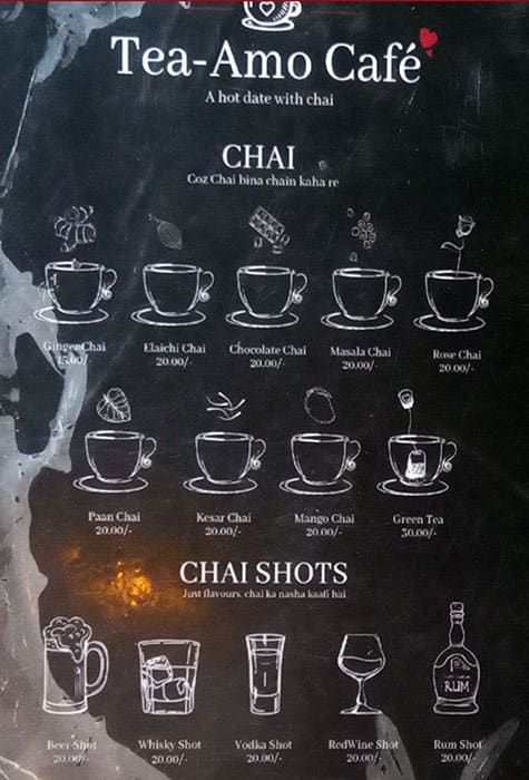 Menu at Tea-Amo Café, Kanpur