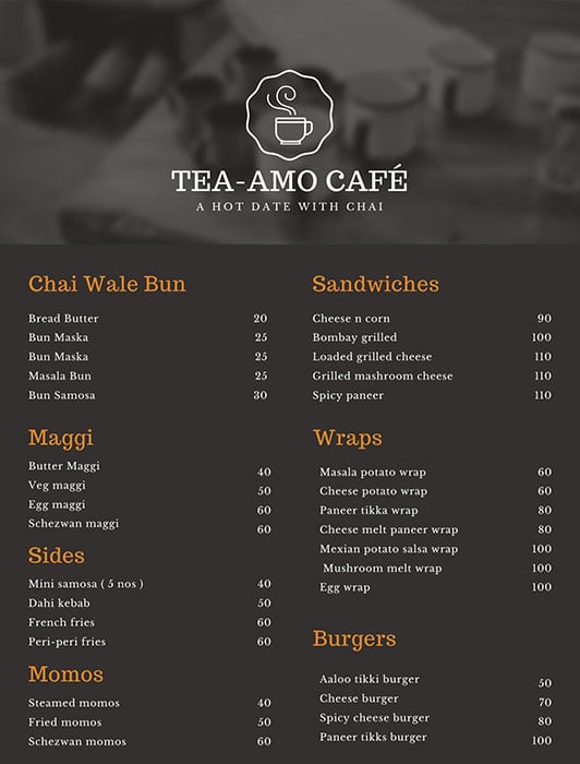 Menu at Tea-Amo Café, Kanpur