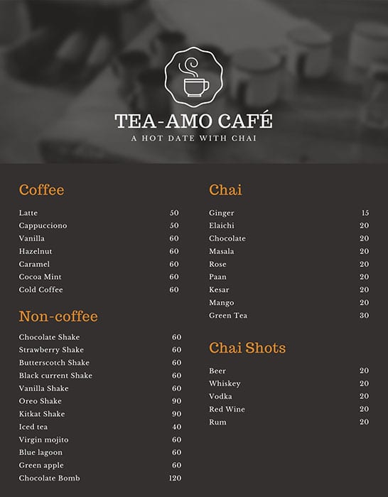 Menu at Tea-Amo Café, Kanpur